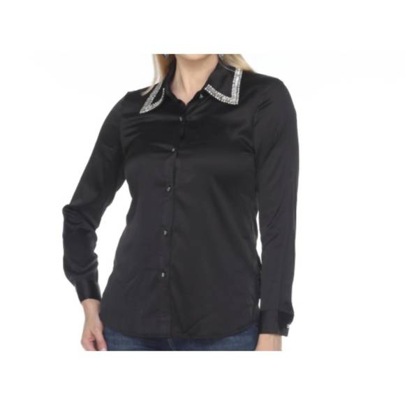 AZI | Tops | New Azi Bling Collar Satin Button Up Blouse In Black ...